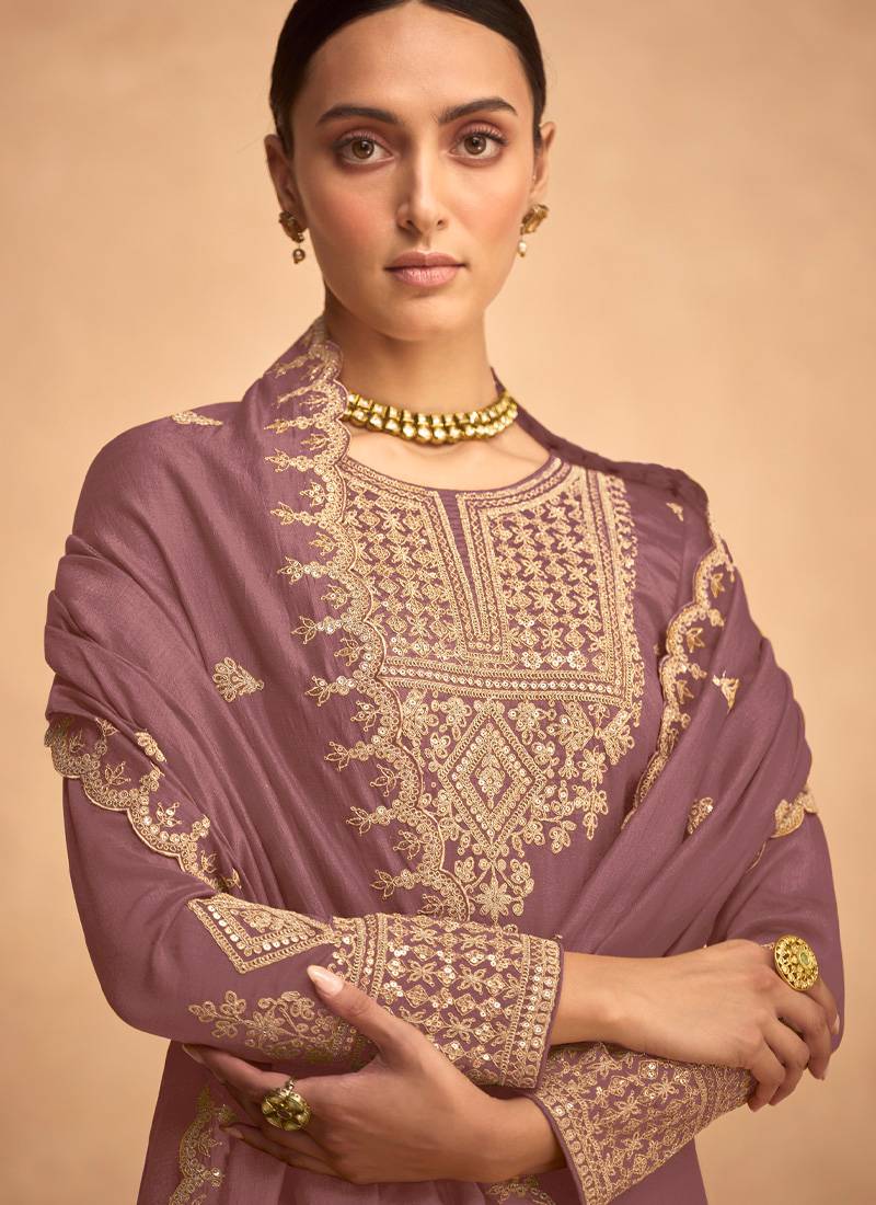 Dusty Pink Embroidered Straight Suit - KREATAGHNA COLLECTION - 4081595