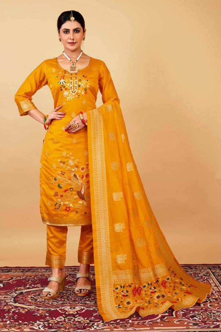 Yellow Color Banarasi Soft Silk Golden Zari Weaving Dress Material ...