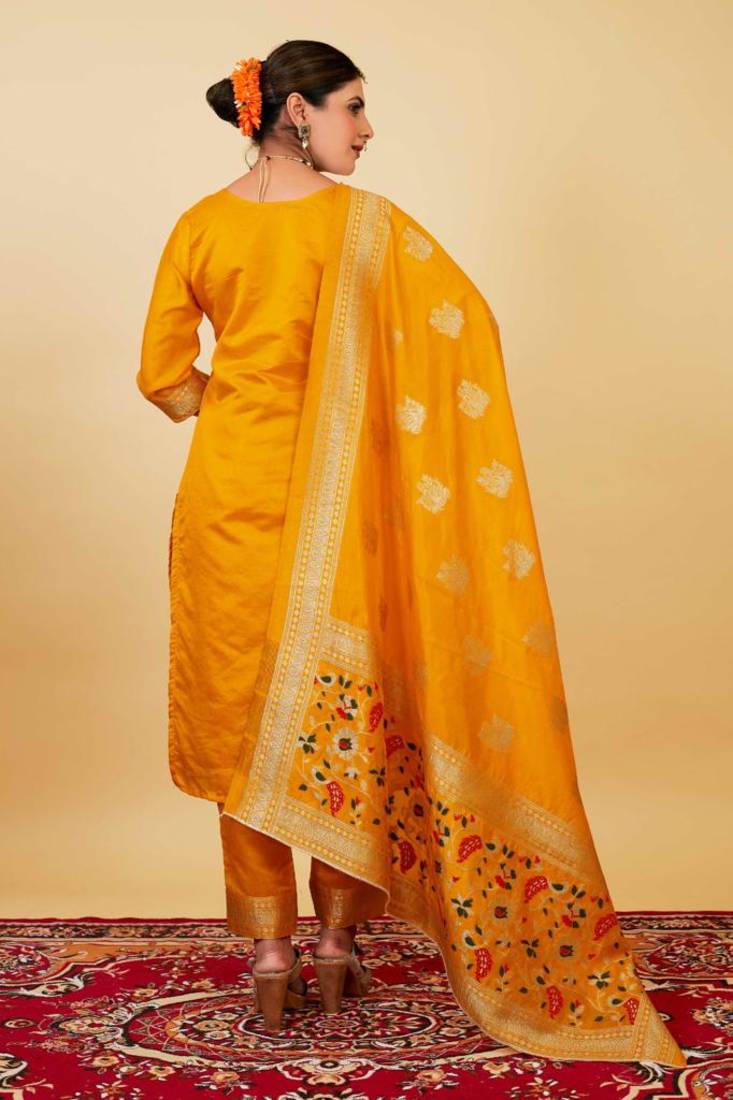 Yellow Color Banarasi Soft Silk Golden Zari Weaving Dress Material ...