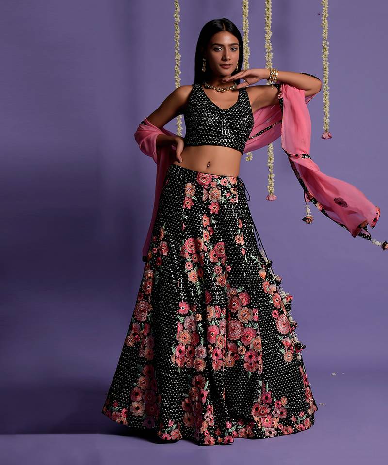 Pink Flower Embroidered Black Lehenga With Sequin Embellished Top - TWO ...