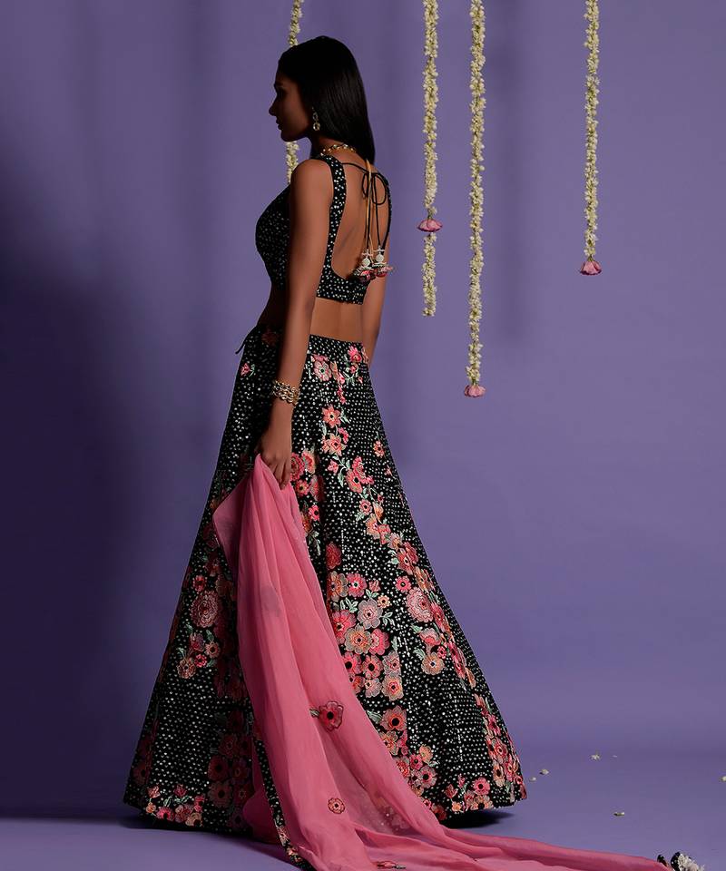 Pink Flower Embroidered Black Lehenga With Sequin Embellished Top - TWO ...