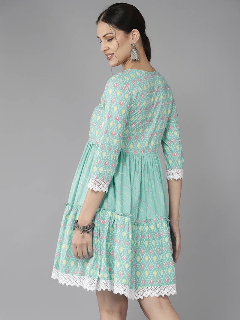 Turquoise printed cotton long-dresses - YUFTA - 4084638