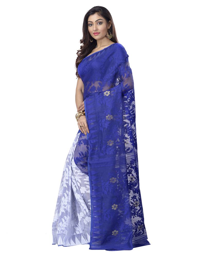 Ruuprekha Women's Cotton Self Design Blue Saree without Blouse ...