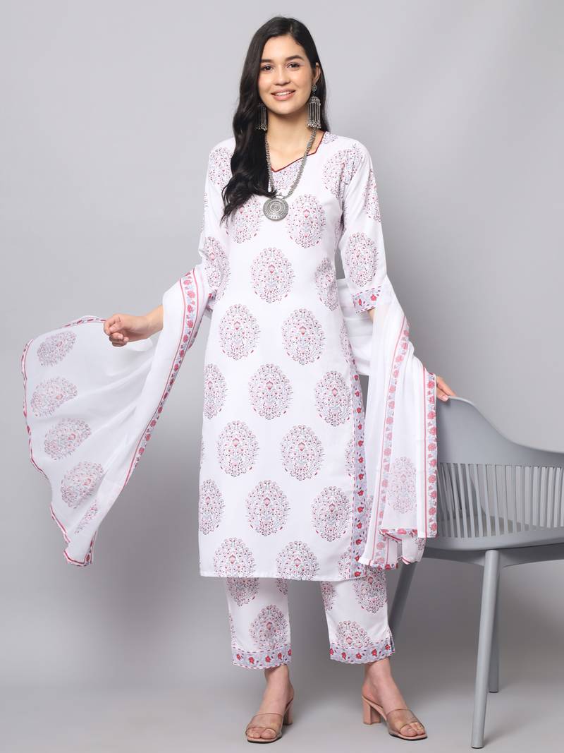 White floral print rayon salwar - VredeVogel - 4085966