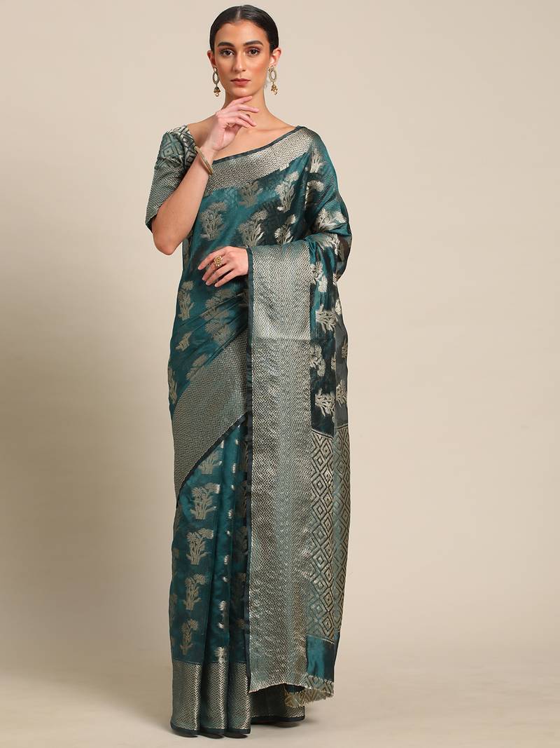 Amazingly Fancy Woven Organza Fabric Party Saree In Girlish Teal Colour ...