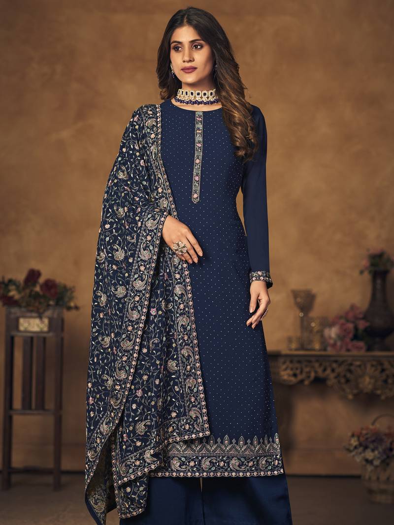 Navy blue embroidered pure georgette salwar - Stylee Lifestyle - 4087490