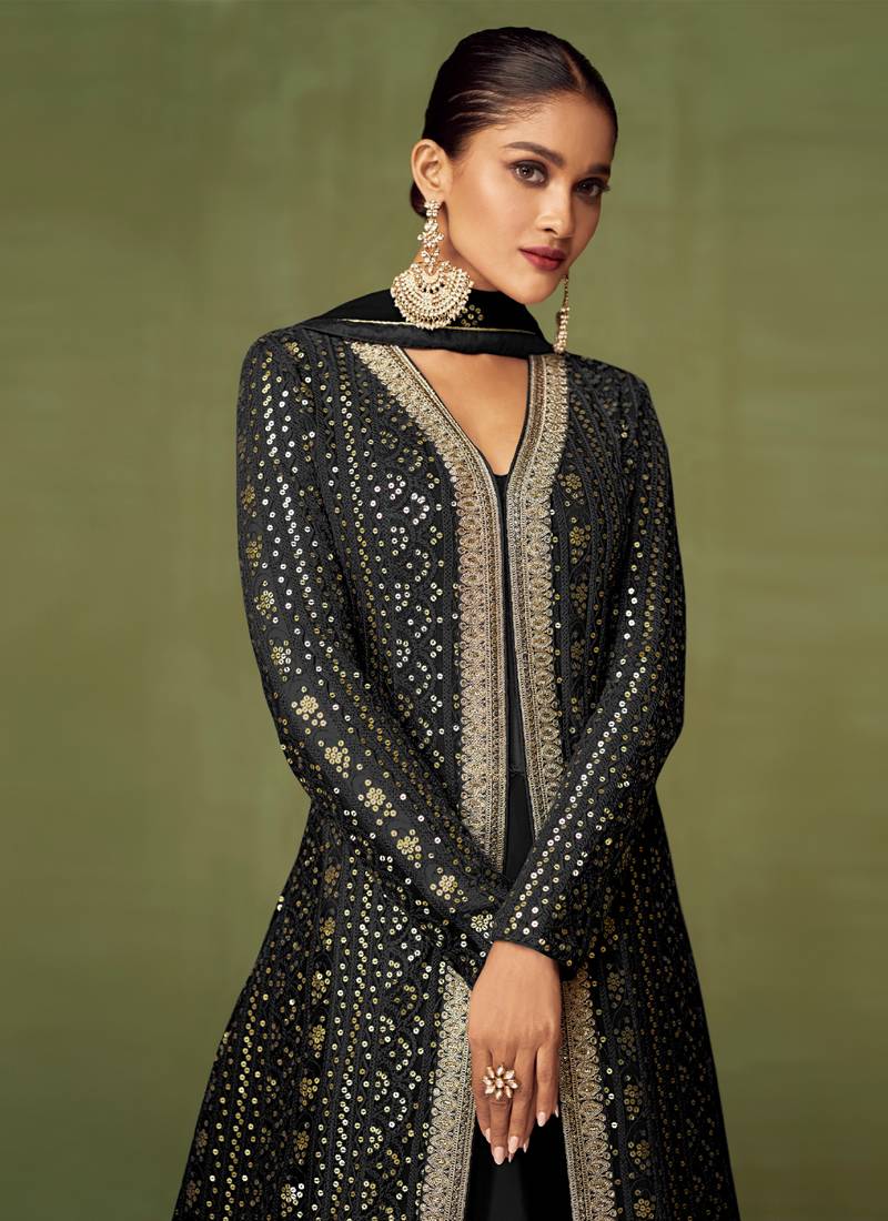 Black Sequence Embroidered Slit Style Anarkali Lehenga Suit - Vasu ...