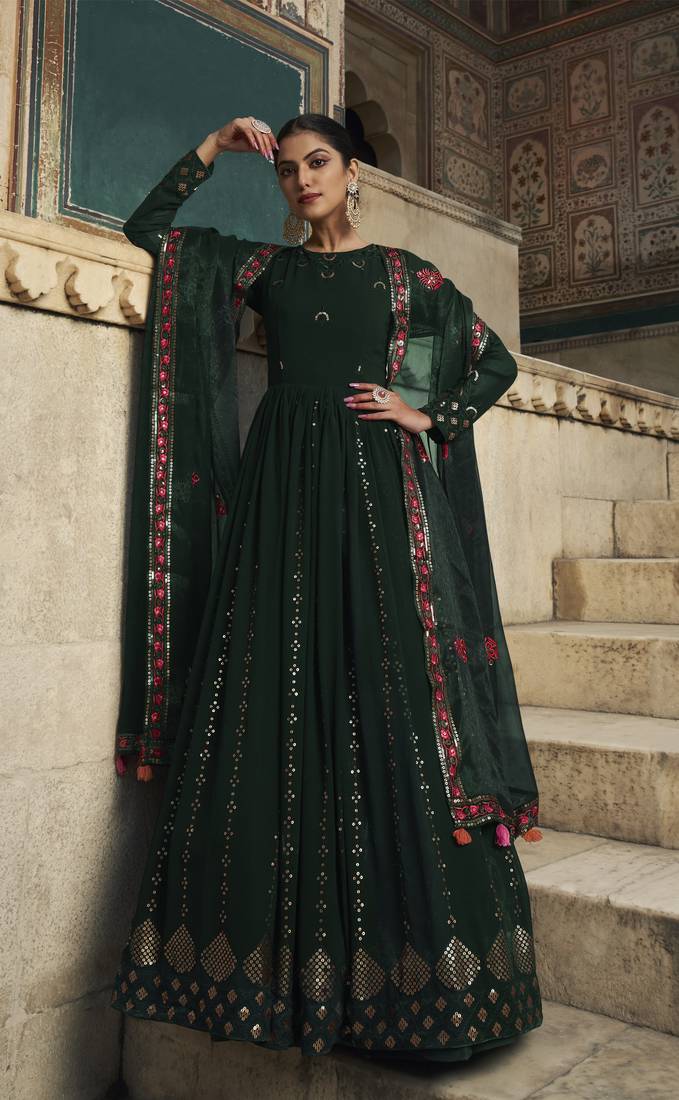 GREEN THREAD AND SEQUINCE EMBROIDERED WORK GEORGETTE ANARKALI LONG ...