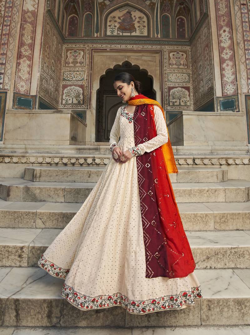 OFF WHITE THREAD AND SEQUINCE EMBROIDERED WORK GEORGETTE ANARKALI LONG ...