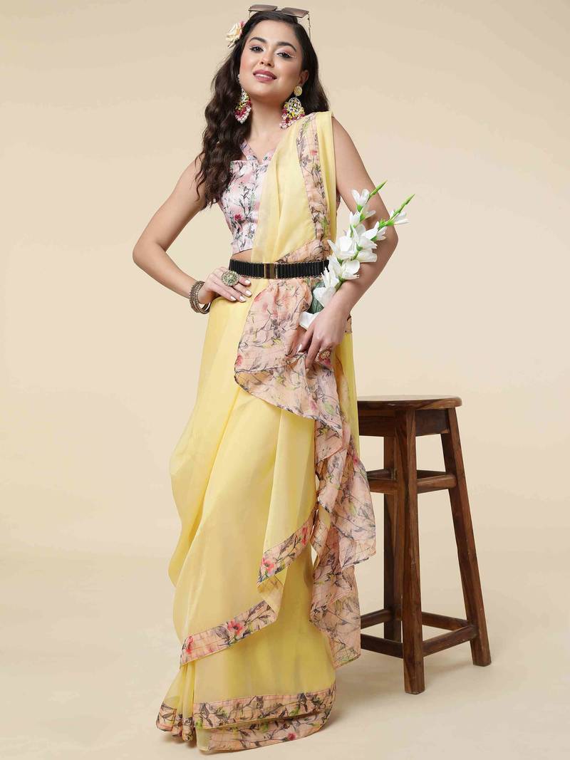 Yellow plain organza saree with blouse - Elora Fashion - 4089633