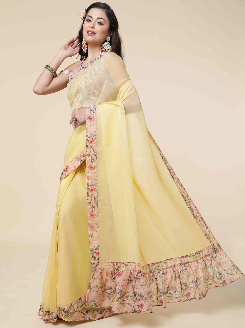 Yellow plain organza saree with blouse - Elora Fashion - 4089633