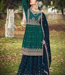 Teal-green embroidered faux georgette salwar - Lilots - 4089642