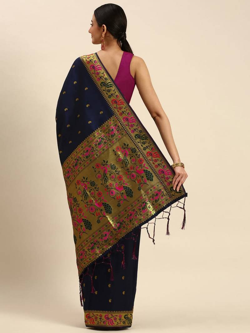 Blue Color Paithani Silk Blend Handloom Saree With Pure Jari Soft Silk ...