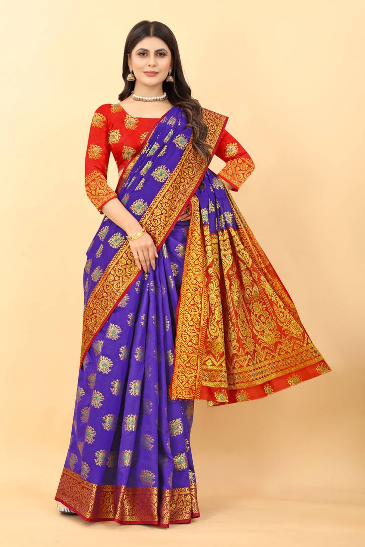 Cornflower Purple Kalaapi Silk Saree With Beautiful Blouse - Mr & Mrs ...