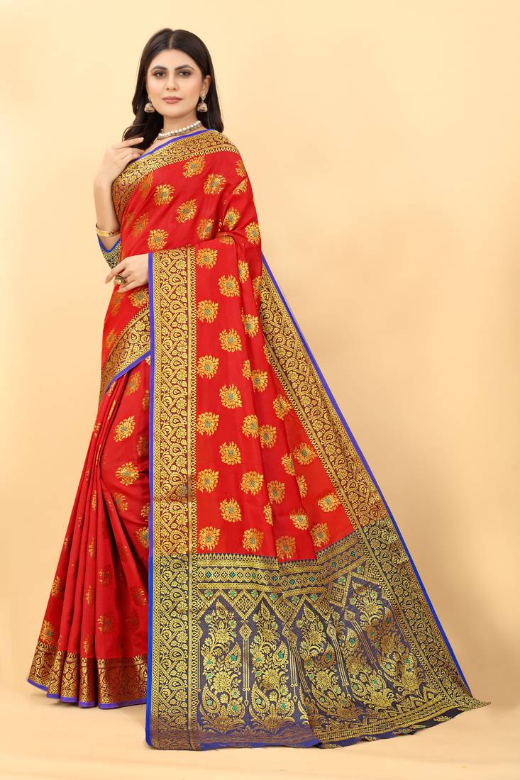 Cornflower Red Kalaapi Silk Saree With Beautiful Blouse - Mr & Mrs ...