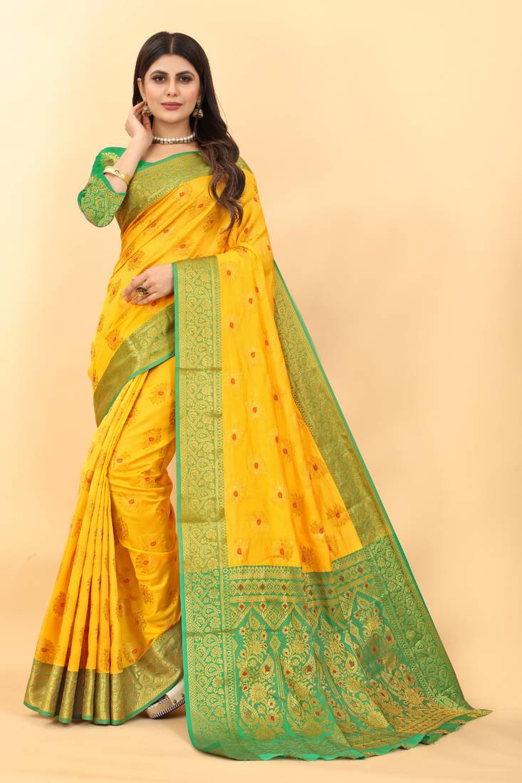 Cornflower Yellow Kalaapi Silk Saree With Beautiful Blouse - Mr & Mrs ...