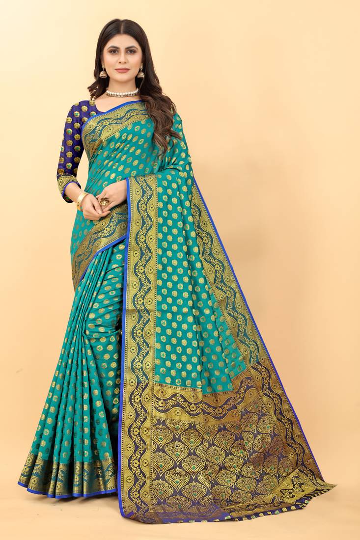 Cerulean Firozi Colour Soft Handloom Zari Weaving Silk Saree - Mr & Mrs ...