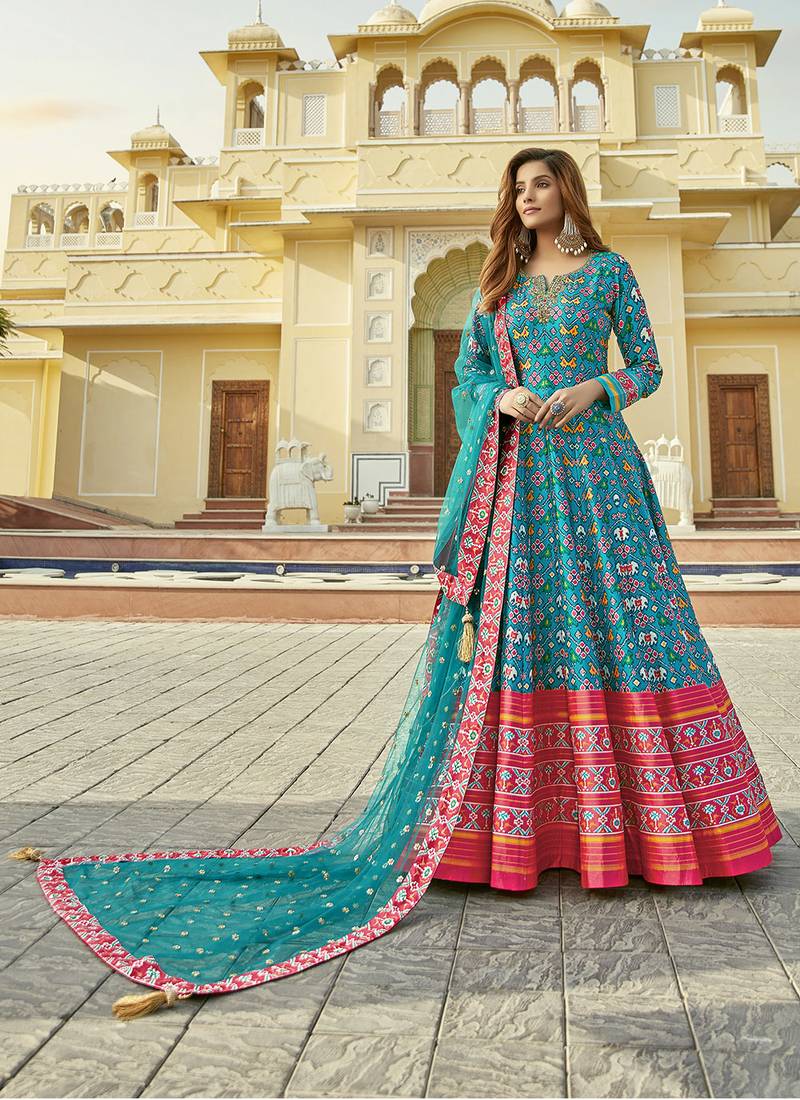 Ethnic And Adorable Sky Colour Readymade Gown On Cherry Silk With Smart ...