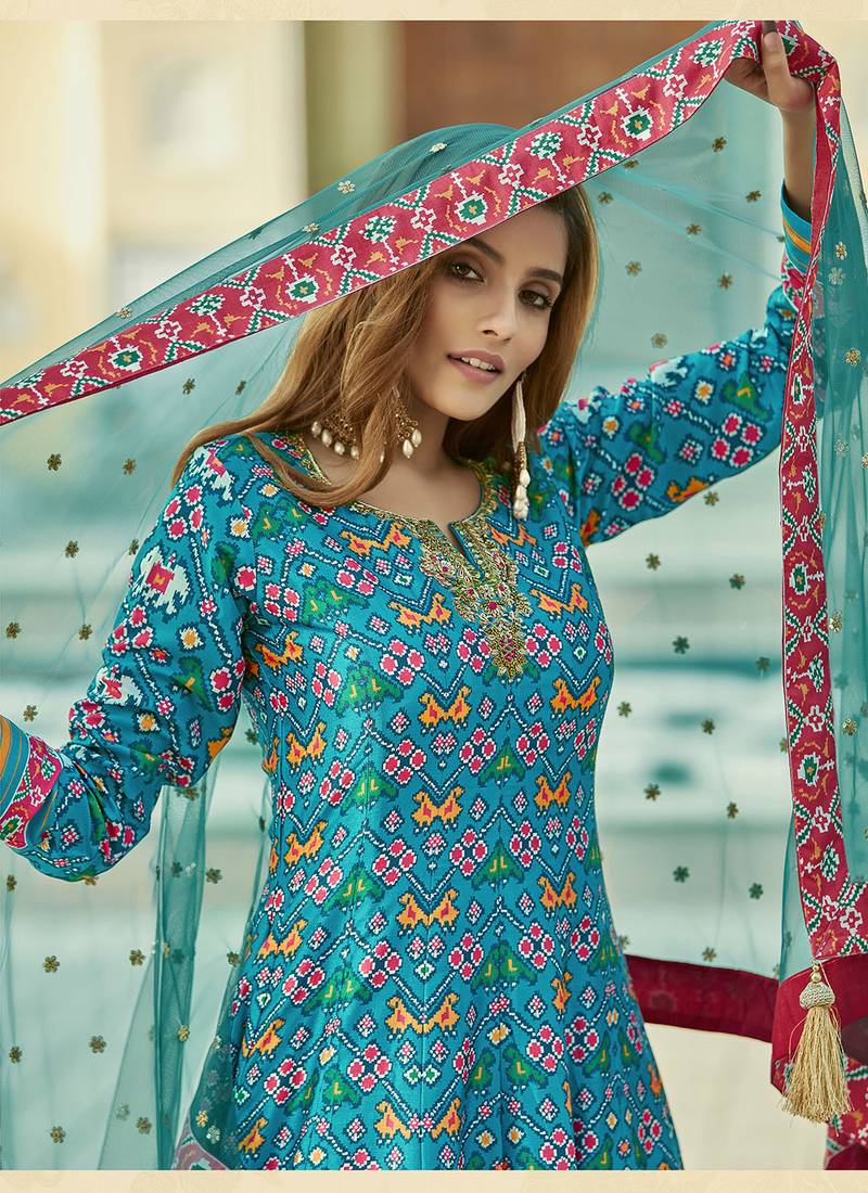 Ethnic And Adorable Sky Colour Readymade Gown On Cherry Silk With Smart ...