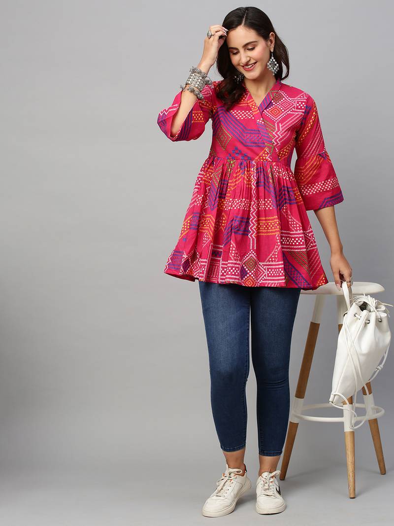 Ethnic Look Pink Colour Smart Short Kurti For Girls - KSM PRINTS - 4094839