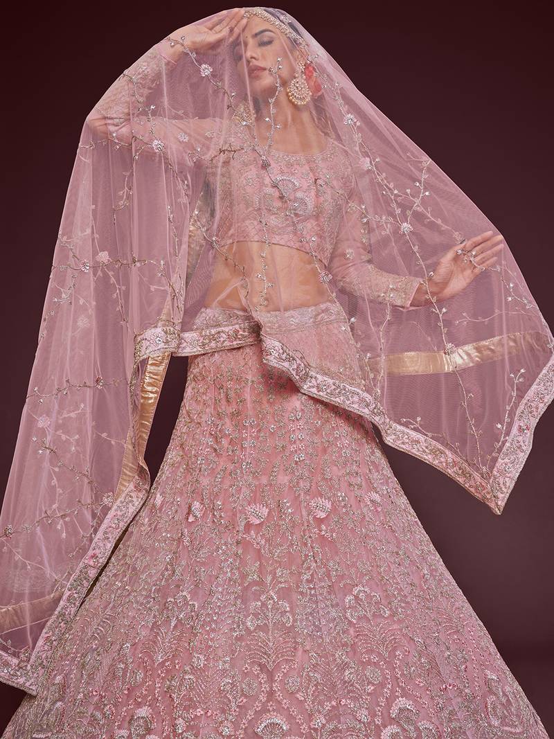 Light Pink Net Threadwork Lehenga - Tulsi Art - 4095346