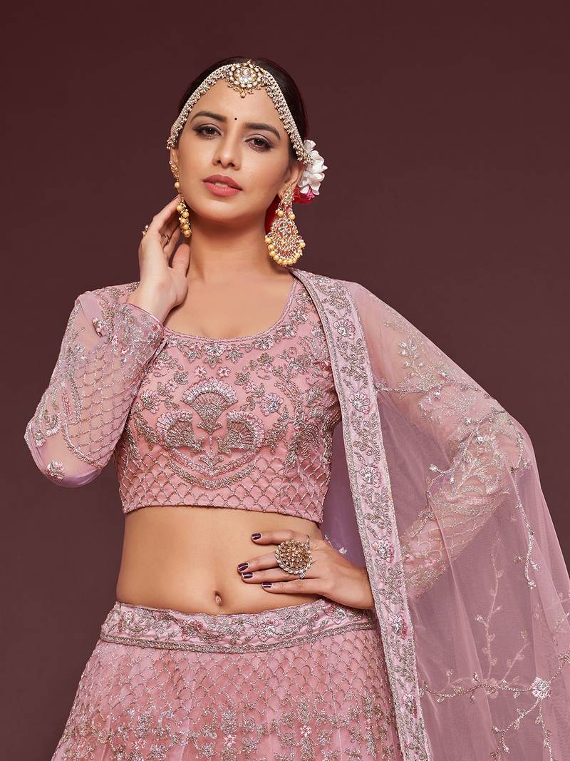 Light Pink Net Threadwork Lehenga - Tulsi Art - 4095346