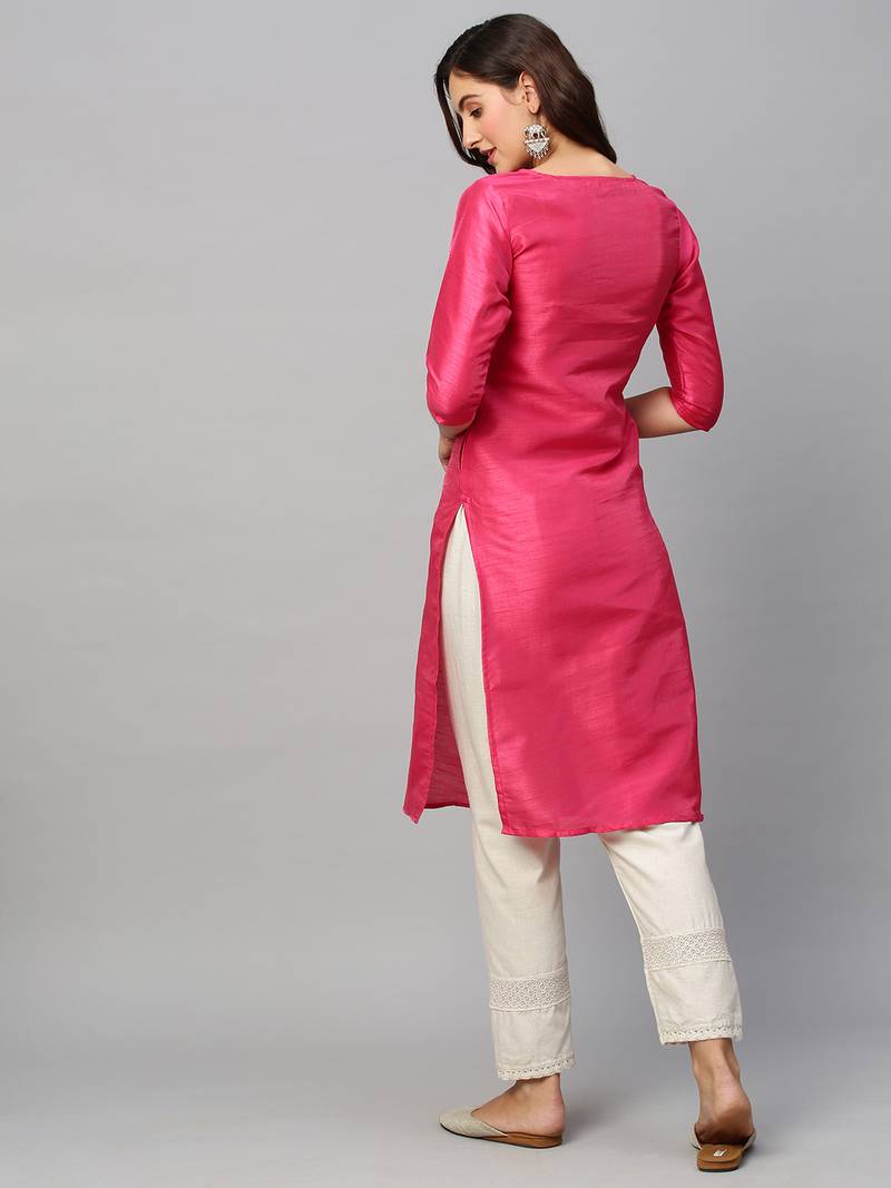 Women Pink Polyester Thread Embroidered Kurta - MOHVOGUE - 4097071