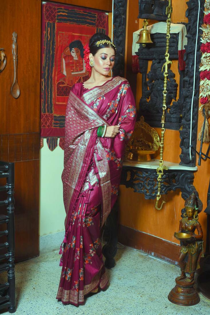 Unique Jamdani Weaving Designer Burgundy Colour Tussar Silk Saree For ...