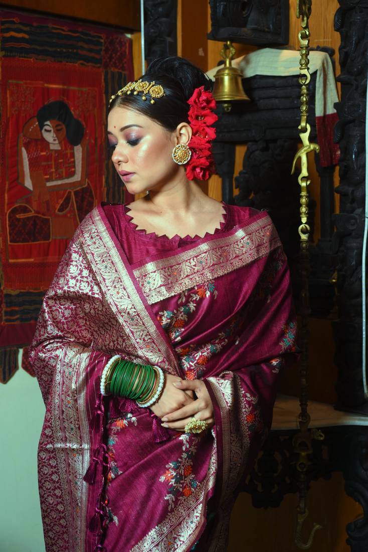 Unique Jamdani Weaving Designer Burgundy Colour Tussar Silk Saree For ...