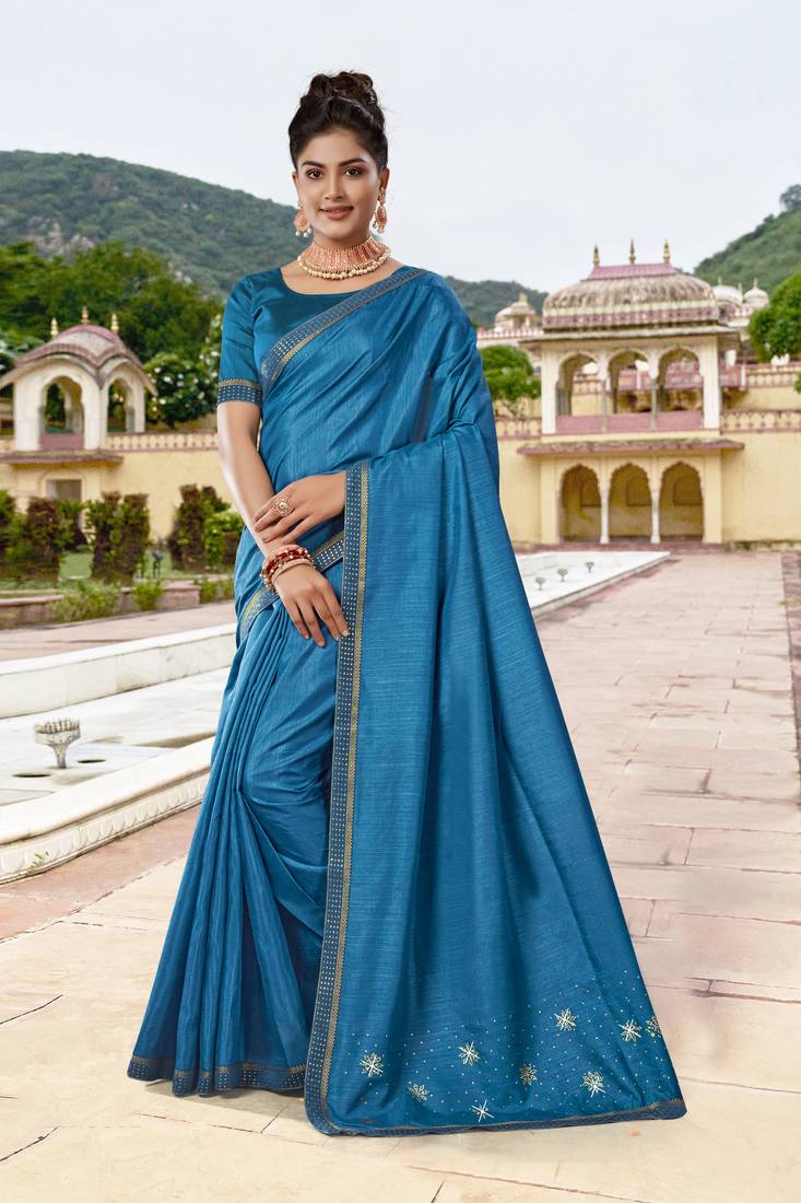 Sober Looking Blue Colour Designer Diamond Work Formal Saree - KSM ...