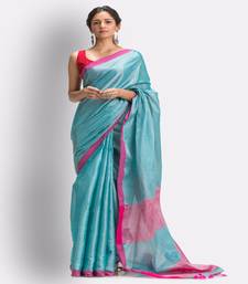 Turquoise Hand Woven Cotton Blend Tissue Saree - Piyari Fashion - 4099991