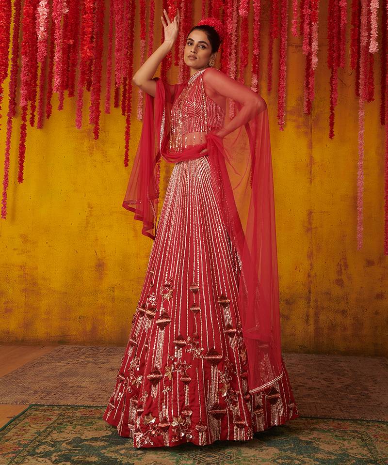 Ruby Red Embroidered Lehenga Set - MASUMI MEWAWALLA - 3967115