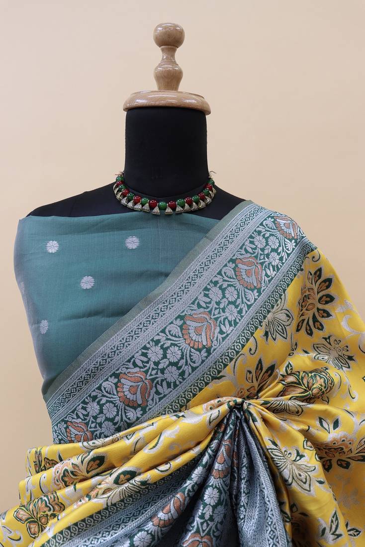 Gold with Bottle green contrast with silver and copper jari jecquard ...