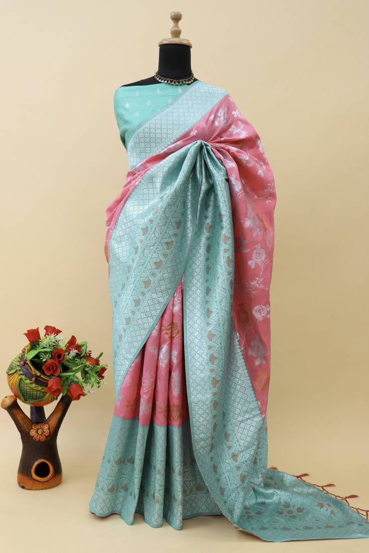 rani with firozi contrast with silver and copper jari jecquard pattu ...