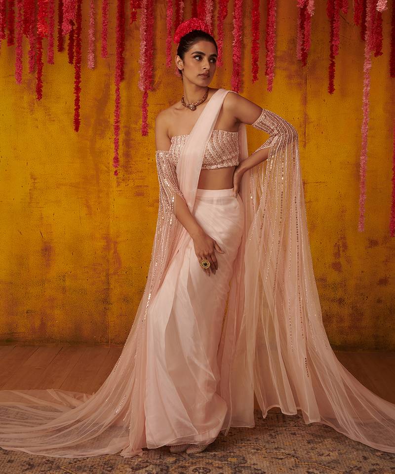 Light Pink Draped Saree Set - MASUMI MEWAWALLA - 3961367