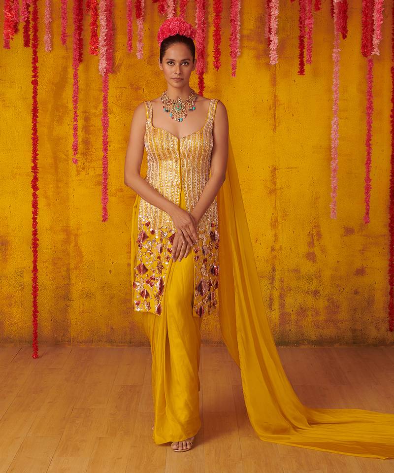 Mustard Yellow Dhoti Set - MASUMI MEWAWALLA - 3967146