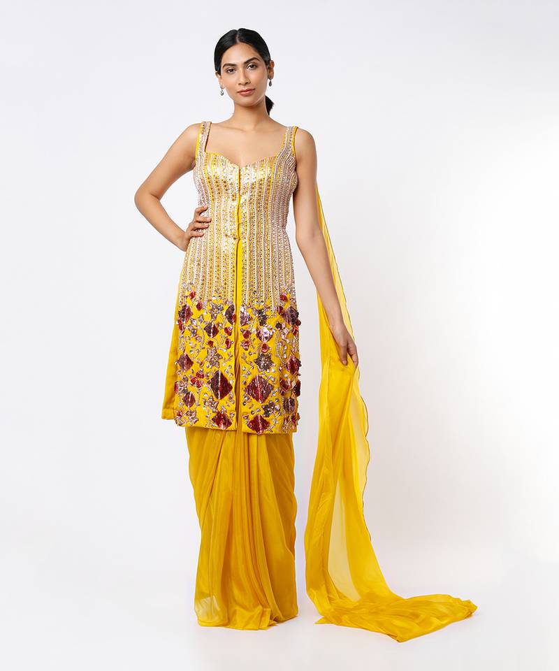 Mustard Yellow Dhoti Set - MASUMI MEWAWALLA - 3967146