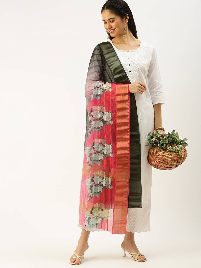 Women's Pink Printed Linen Chanderi Print & Zari Border Work Trendy ...