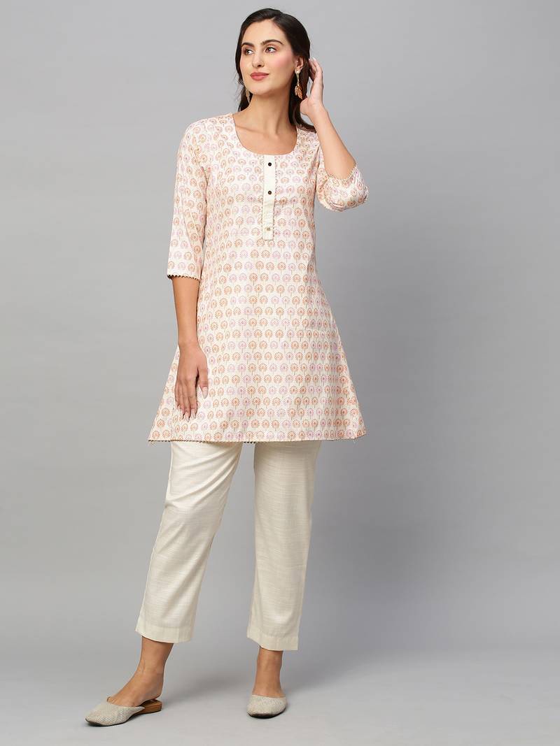 Cotton Fabric Smart Formal Kurti Bottom Set In White Colour Trendy ...