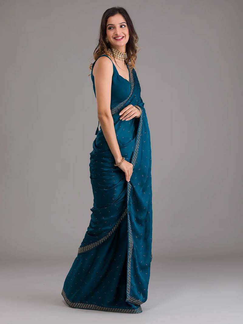 Trendmalls Women's Moss Chiffon Heavy Siroski Diamond work With Belt ...