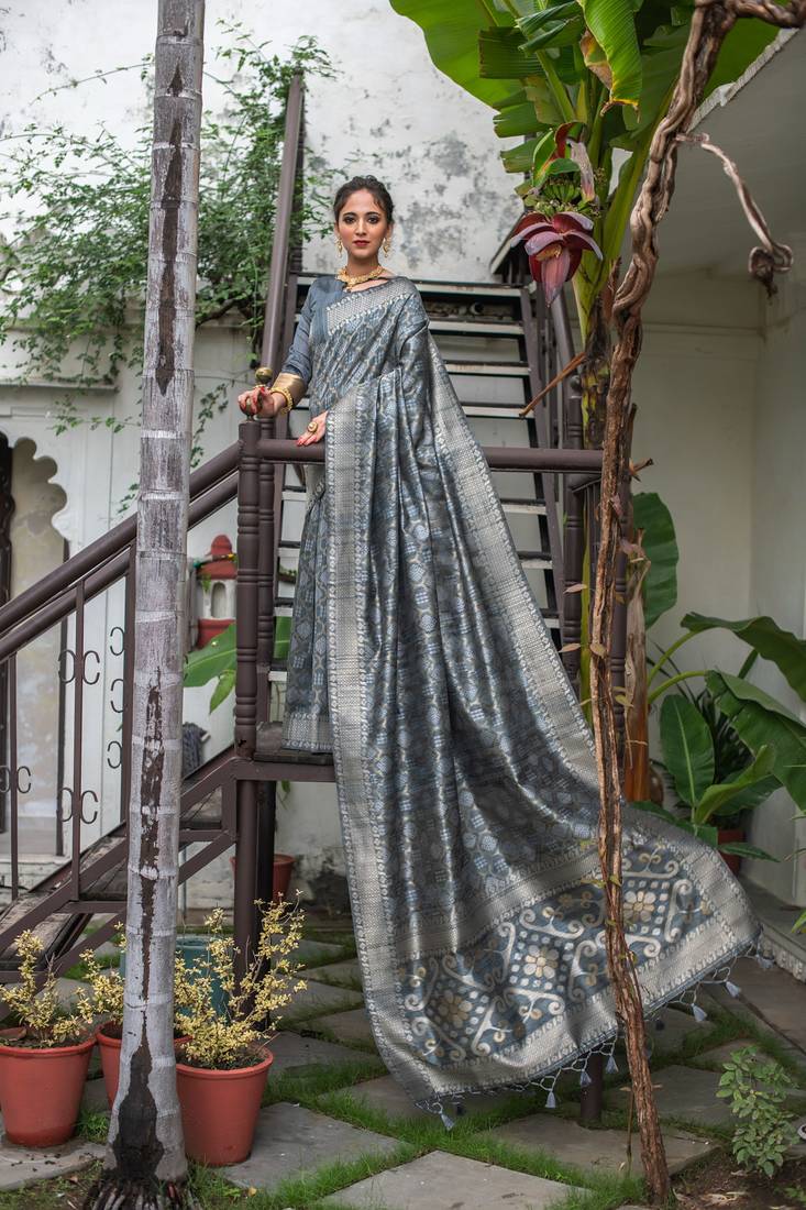Traditional Tussar Silk Traditional Woven Saree In Grey Colour - KSM ...