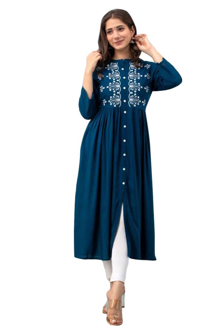 Trendmalls Women's Rayon Embroidered Flared Morpeach Kurtis ...