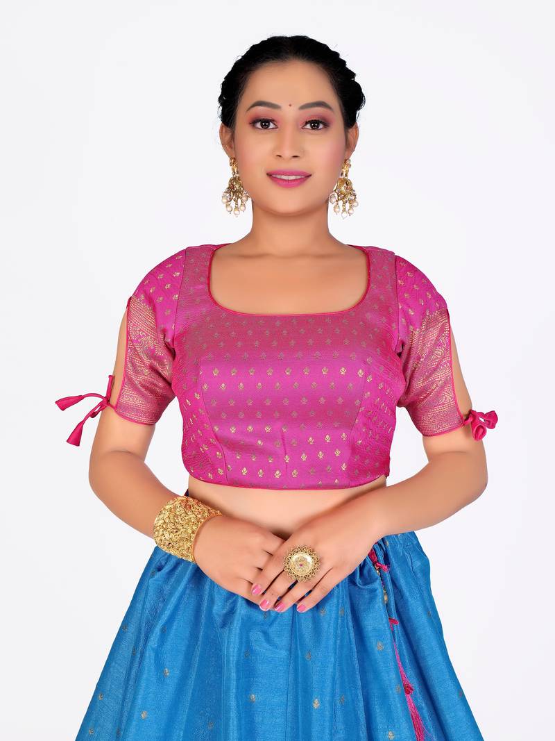 Embellished Firozi colour Banarasi silk semi-stitched Half saree with unstitched Blouse and ...