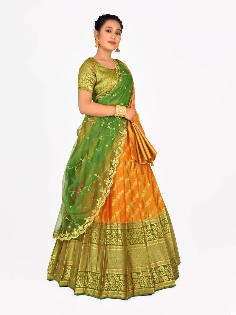 Gold and mahendi Zari work Banarasi silk semi-stitched Half saree with ...