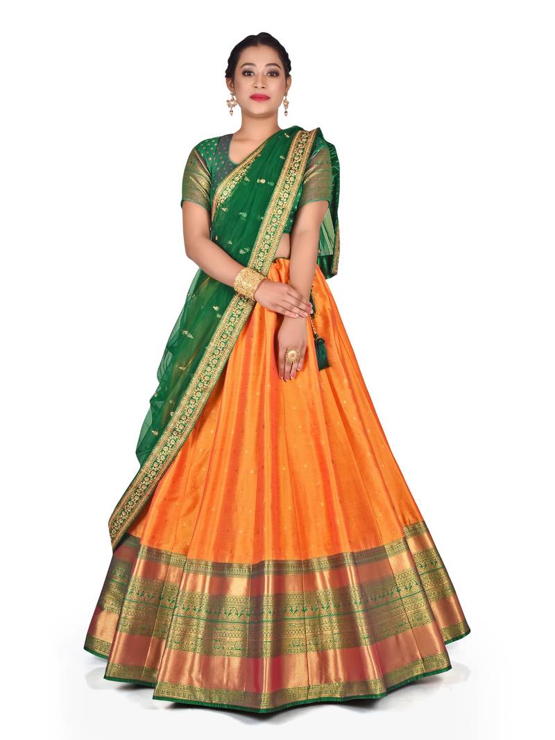 Gold and Green Zari work Banarasi silk semi-stitched Half saree with ...