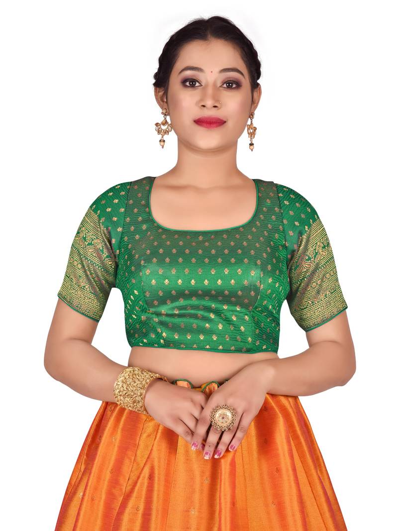 Gold and Green Zari work Banarasi silk semi-stitched Half saree with ...