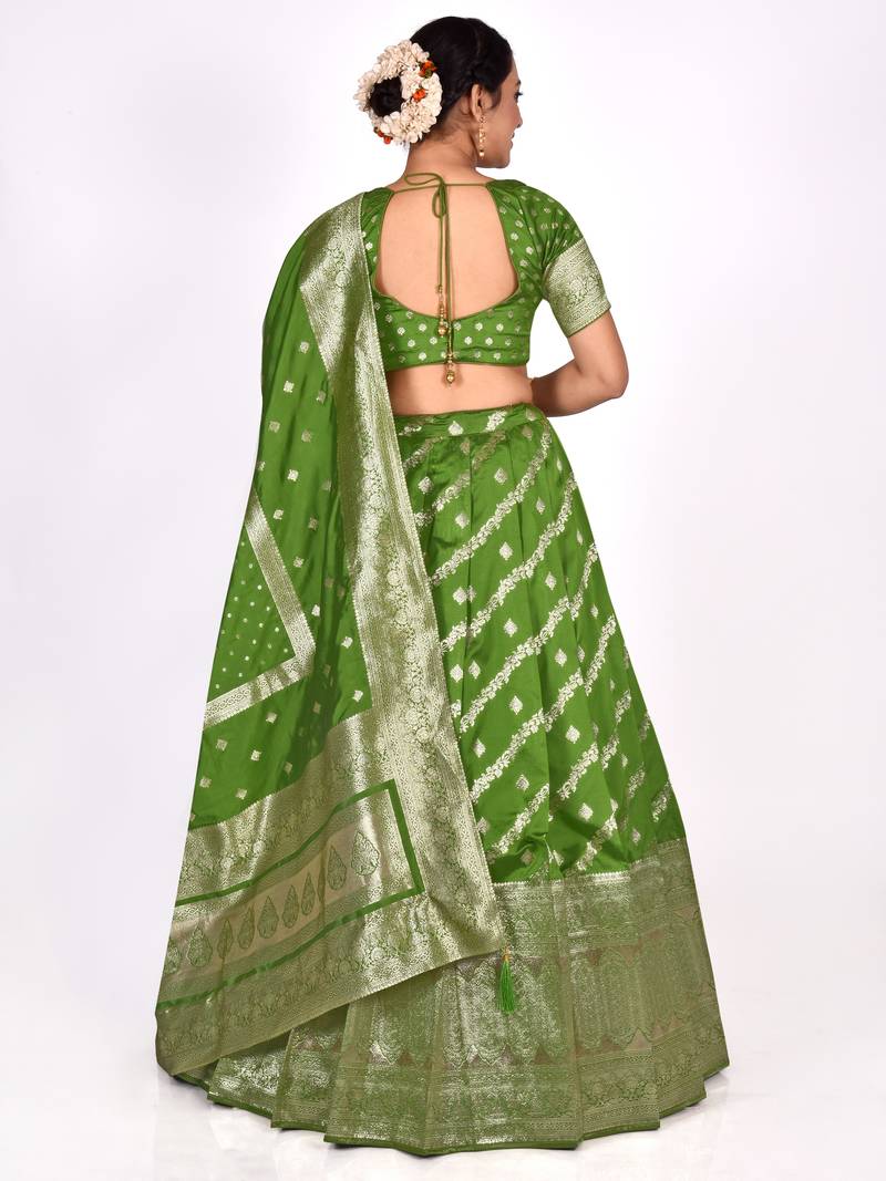 Elegant Pleating style Parrot colour Banarasi silk semi-stitched ...