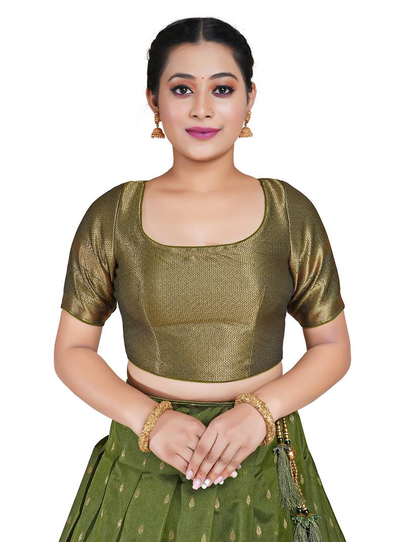 A Beautiful Mehendi and Wine Banarasi silk semi-stitched Half Saree ...