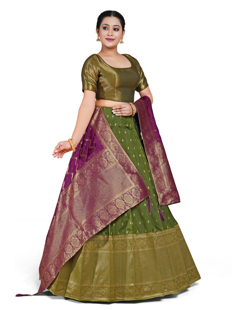 A Beautiful Mehendi and Wine Banarasi silk semi-stitched Half Saree ...