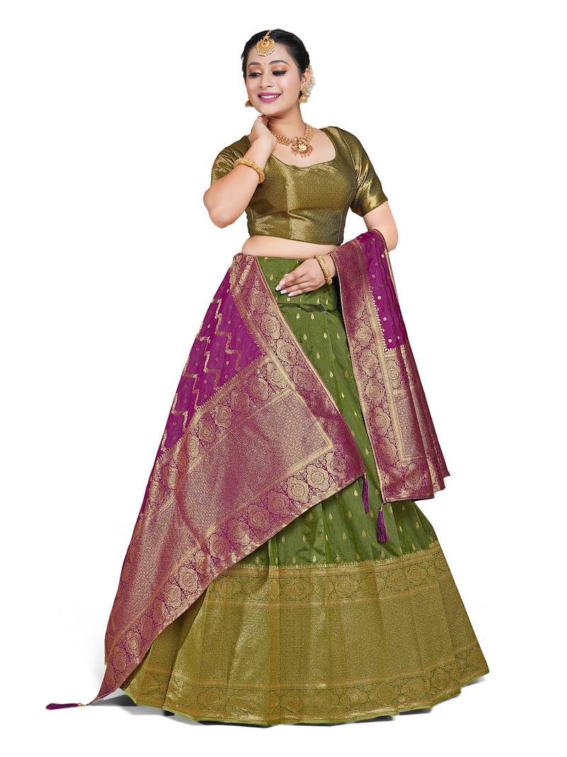 A Beautiful Mehendi and Wine Banarasi silk semi-stitched Half Saree ...